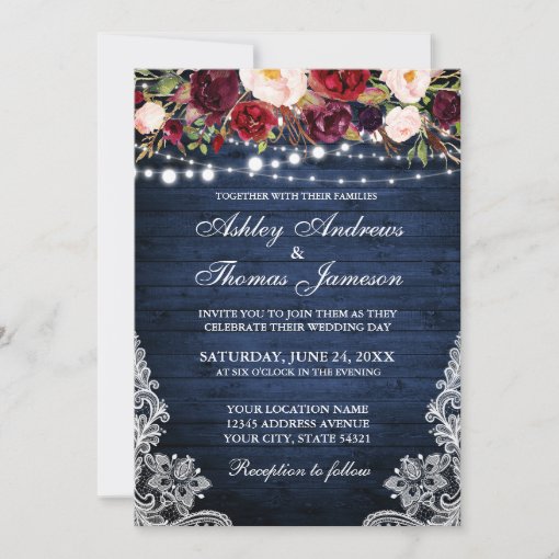 Rustic Wedding Floral Lace Blue Wood Photo Invitation | Zazzle