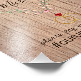 Rustic Wedding Hashtag Sign - Wood Heart Floral | Zazzle