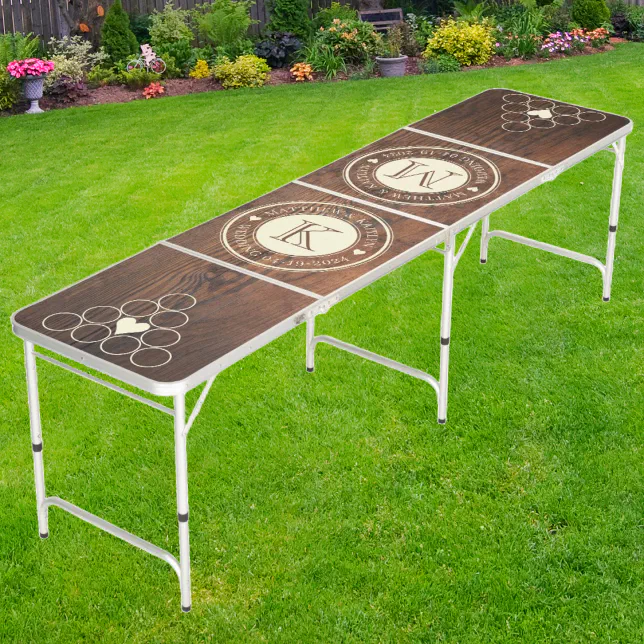 Rustic Wedding Heart Monogram in Dark Walnut Beer Pong Table | Zazzle