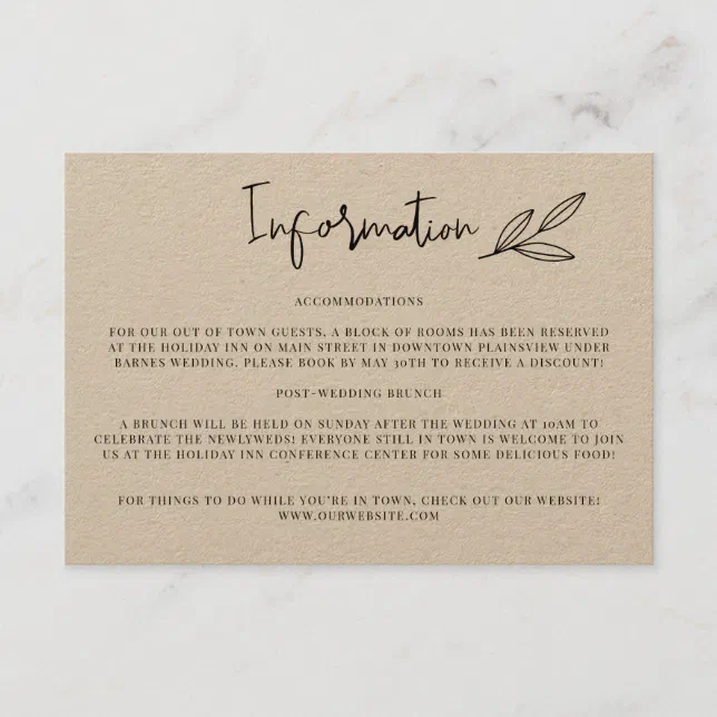 Rustic Wedding Information Invitation Insert | Zazzle