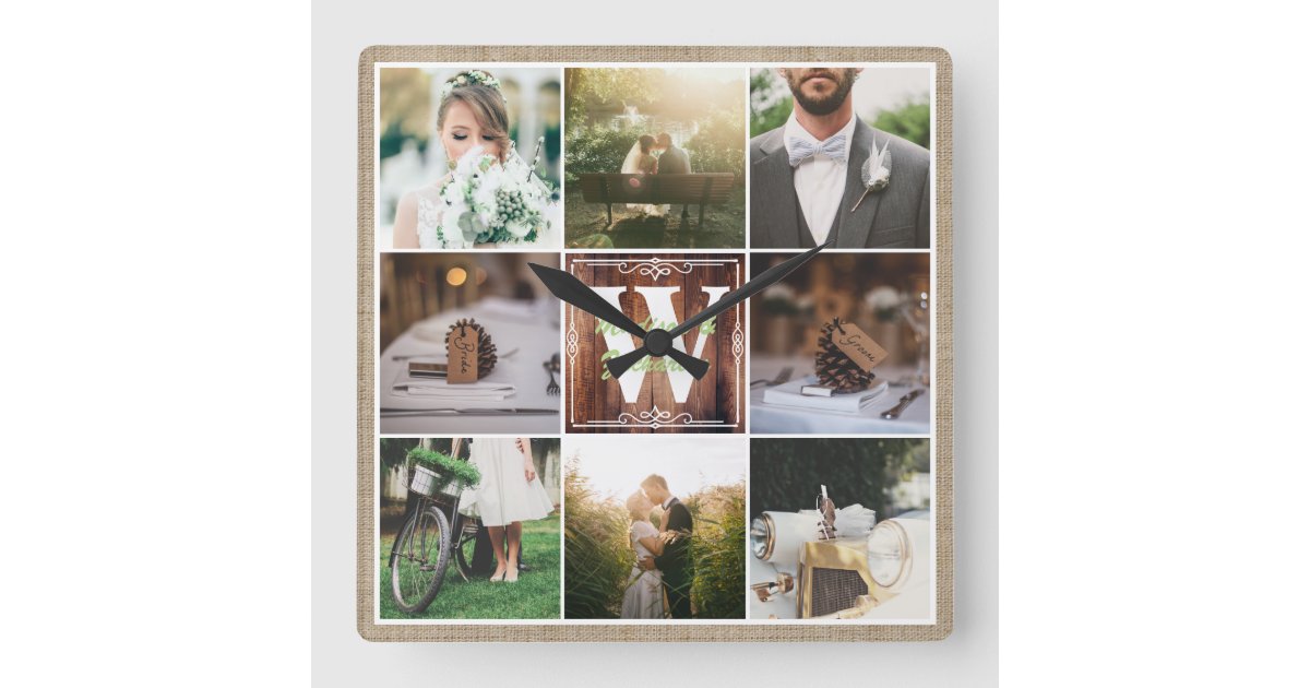 Rustic Wedding Instagram Photo Grid Wood Burlap Square Wall Clock | Zazzle