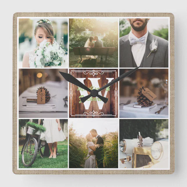 Rustic Wedding Instagram Photo Grid Wood Burlap Square Wall Clock | Zazzle