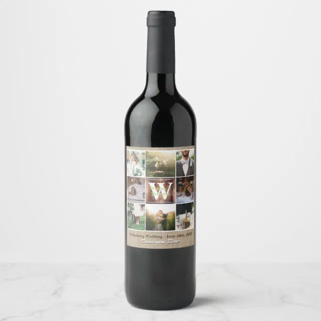 Rustic Wedding Instagram Photo Grid Wood Burlap Wine Label | Zazzle
