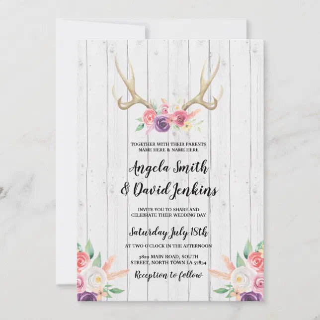 Rustic Wedding Invitations Antlers Floral Peach | Zazzle