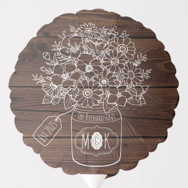 Rustic Wedding Mason Jar Wildflowers Bouquet Wood Balloon | Zazzle