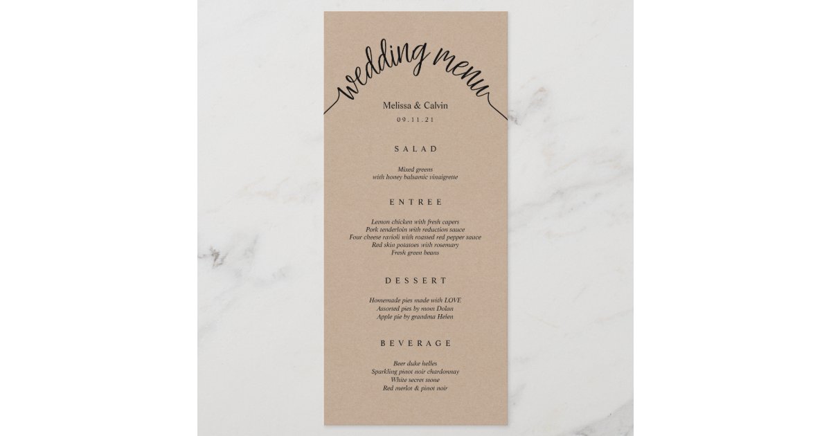 Rustic Wedding Menu Brown Kraft Card | Zazzle