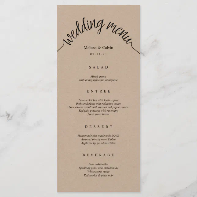 Rustic Wedding Menu Brown Kraft Card | Zazzle