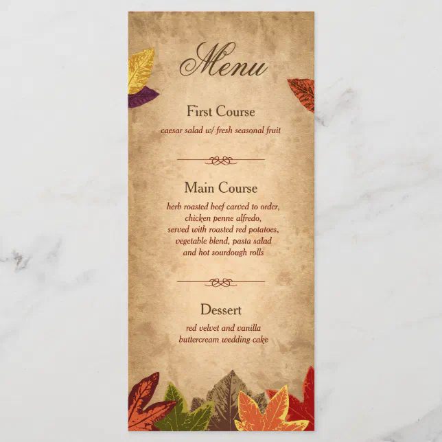 Rustic Wedding Menu Rack Card | Fall Theme | Zazzle