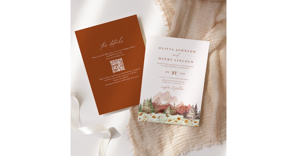 Rustic Wedding Mountain Wildflower QR Code Invitation | Zazzle