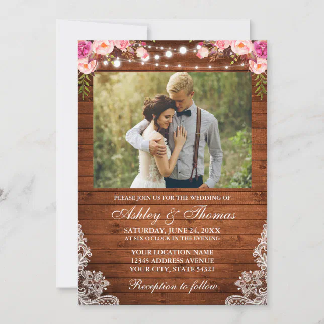Rustic Wedding Pink Floral Wood Lights Lace Photo Invitation | Zazzle