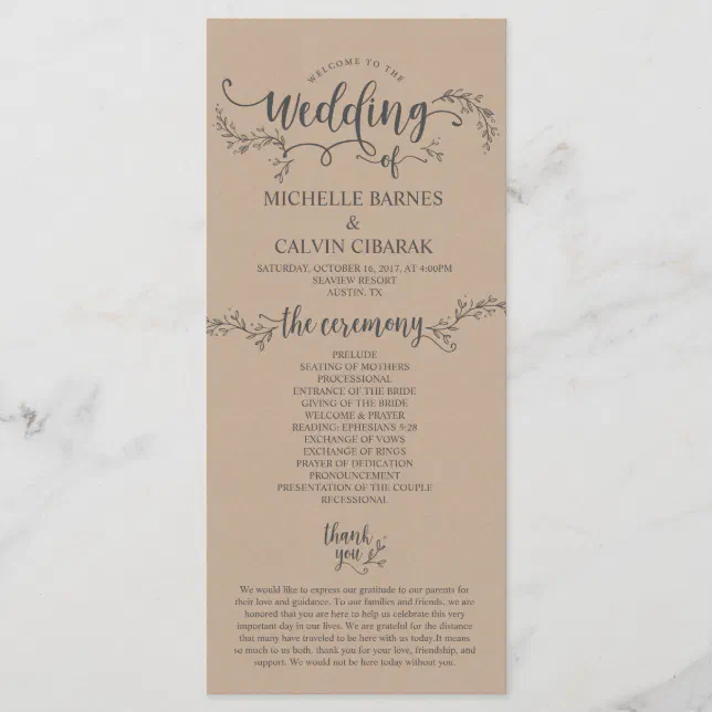 Rustic Wedding program card in kraft background | Zazzle