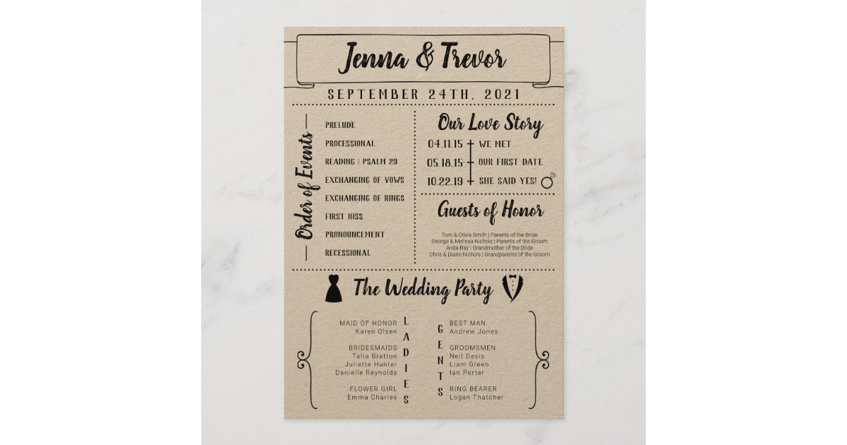 Rustic Wedding Program With Icons | Zazzle
