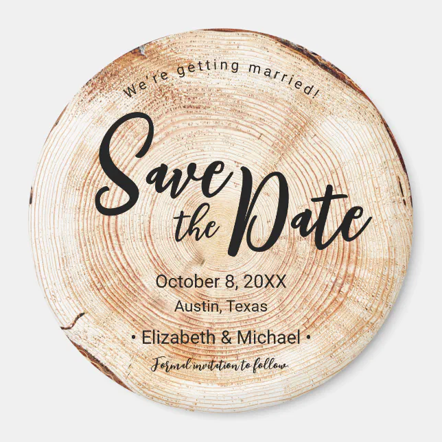 Rustic Wedding Save the date faux wood slice Magnet | Zazzle