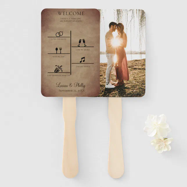 Rustic Wedding Timeline Photo Program Hand Fan | Zazzle