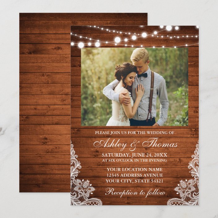 Rustic Wedding Wood Lights Lace Photo Invitation | Zazzle.com