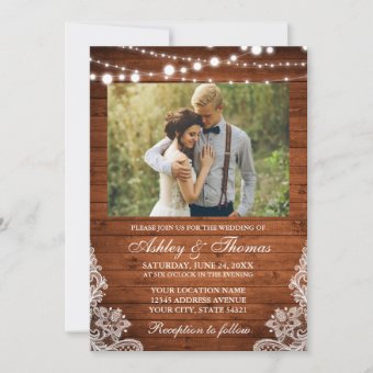 Rustic Wedding Wood Lights Lace Photo Invitation | Zazzle
