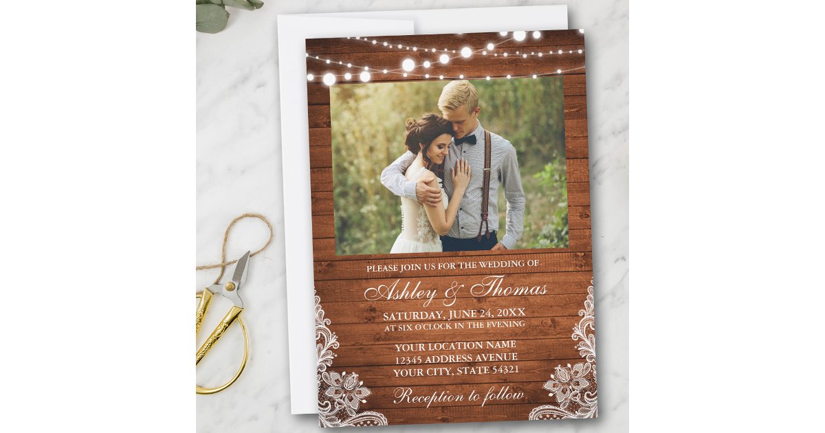 Rustic Wedding Wood Lights Lace Photo Invitation | Zazzle