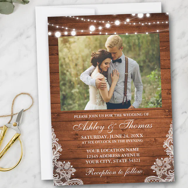Rustic Wedding Wood Lights Lace Photo Invitation | Zazzle
