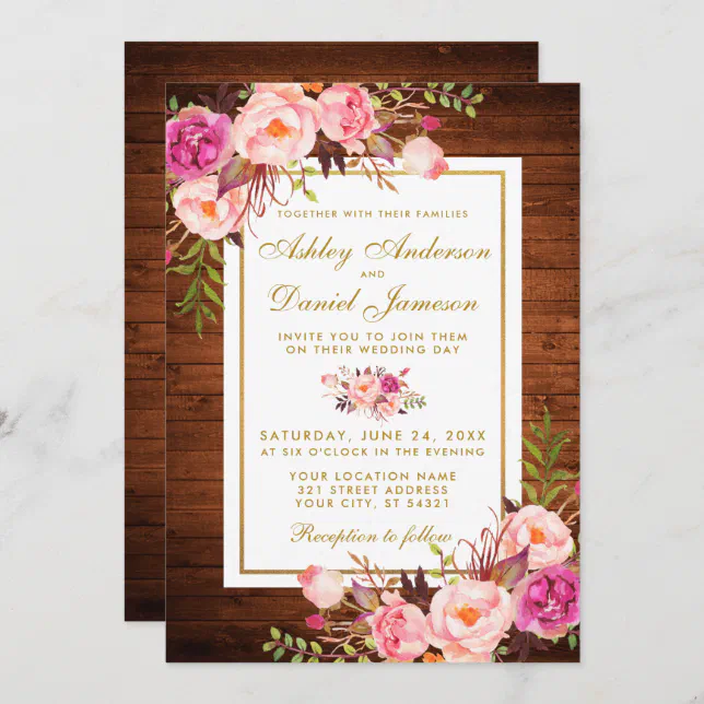 Rustic Wedding Wood Pink Floral Wedding Invite | Zazzle