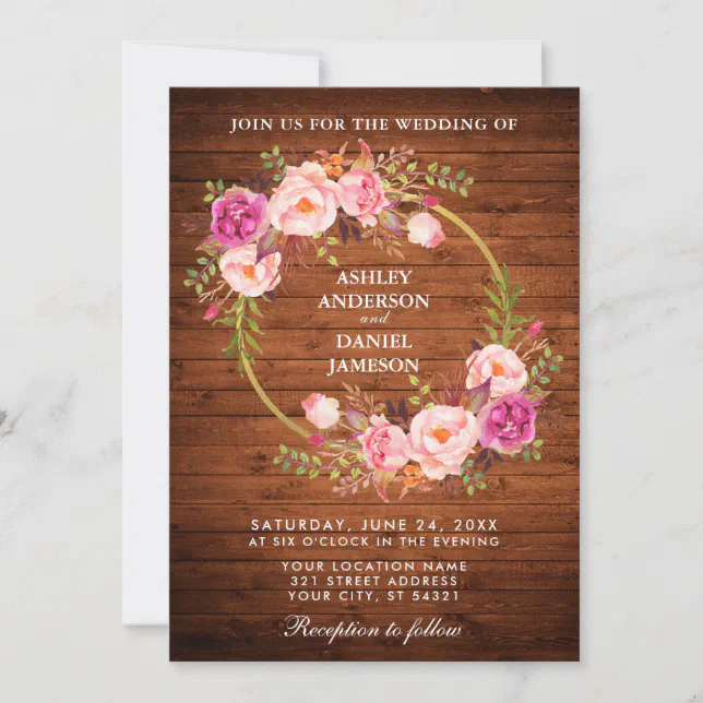 Rustic Wedding Wood Pink Floral Wreath Gold Invite | Zazzle