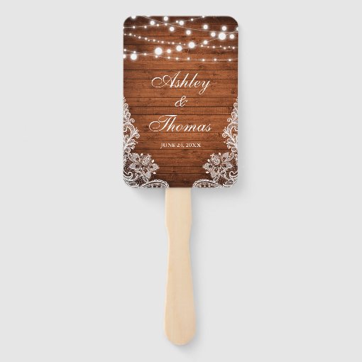 Rustic Wedding Wood String Lights Lace Hand Fan | Zazzle