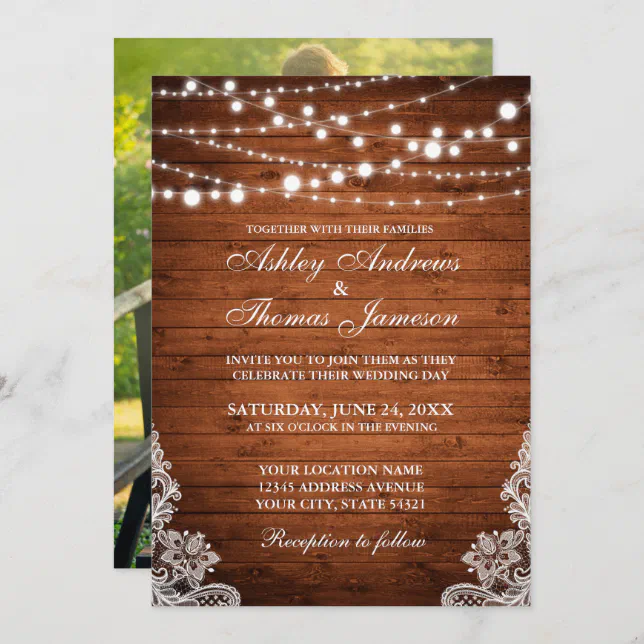 Rustic Wedding Wood String Lights Lace Invite P | Zazzle