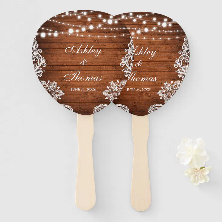 Rustic Wedding Wood String Lights Lace Paddle Hand Fan | Zazzle