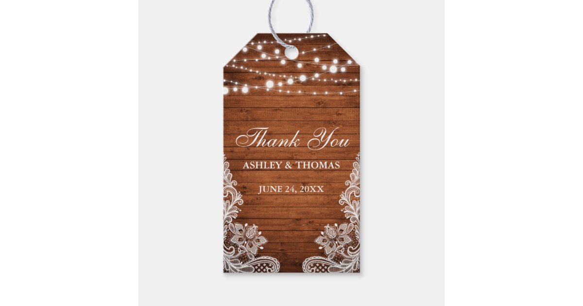 Rustic Wedding Wood String Lights Lace Thank You Gift Tags | Zazzle
