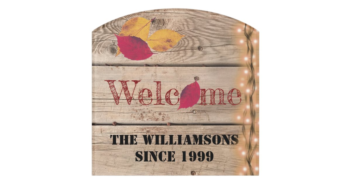 Rustic Welcome Custom Name Autumn Leaves Fireflies Door Sign | Zazzle