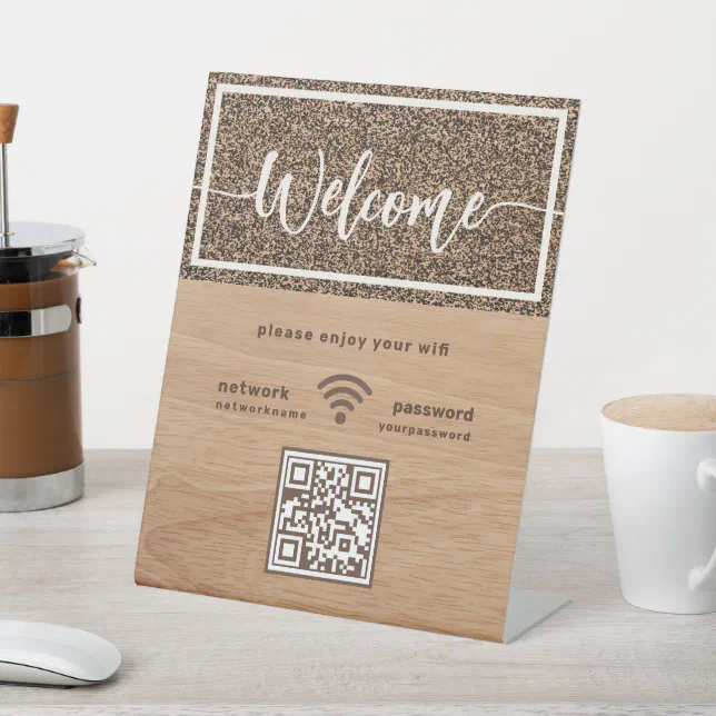 Rustic Welcome Script WIFI QR Code Wood Grain Pedestal Sign | Zazzle