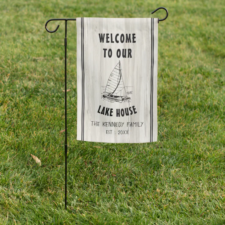 Rustic Welcome To Our Lake House Family Name Garden Flag | Zazzle