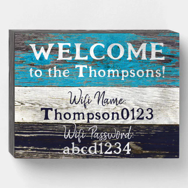 Rustic Welcome Wifi Blue Distressed Beach Wood Wooden Box Sign | Zazzle
