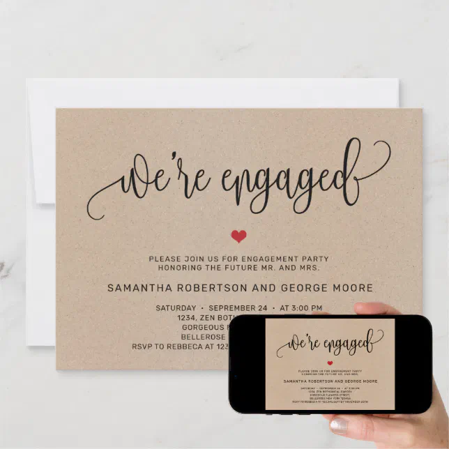 Rustic we're engaged kraft paper engagement invitation | Zazzle