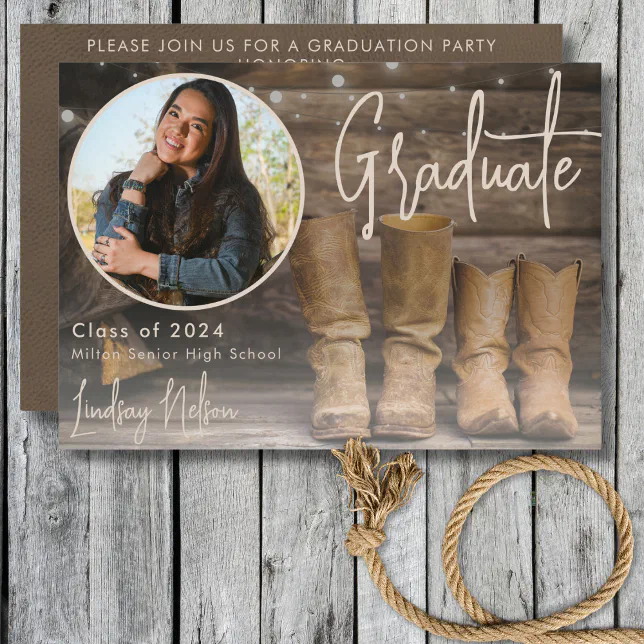 Rustic Western Barn & Cowboy Boot Photo Graduation Invitation | Zazzle