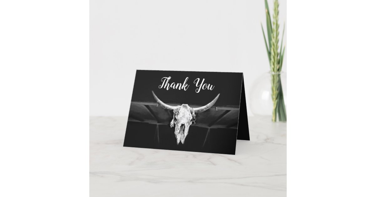 Rustic Western Black And White Bull Skull Wedding Thank You Card | Zazzle