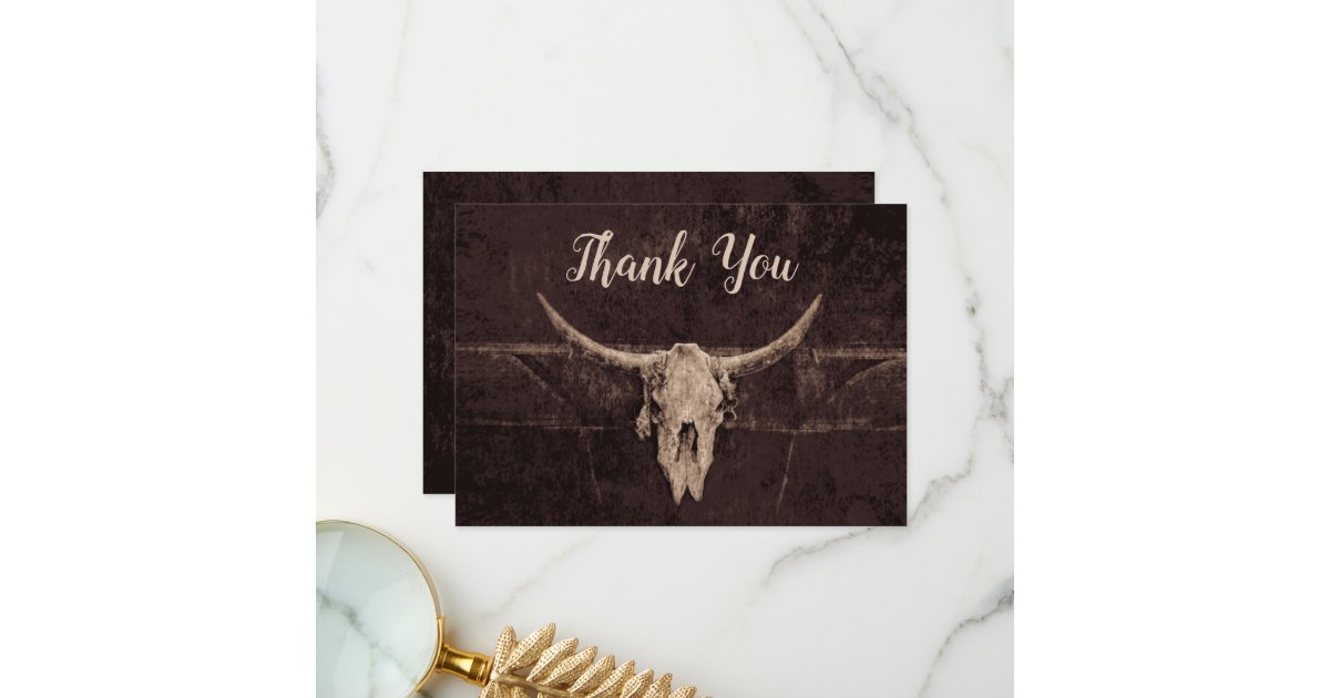 Rustic Western Brown Bull Skull Wedding Country Thank You Card | Zazzle
