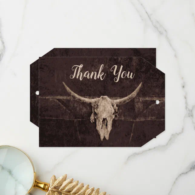 Rustic Western Brown Texture Bull Skull Wedding Thank You Card | Zazzle