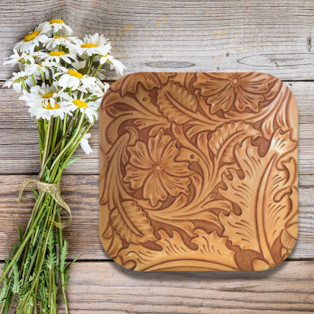 rustic western country cowboy tooled leather paper plates | Zazzle