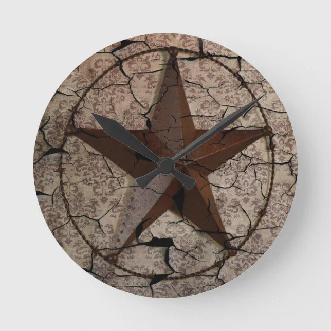 Rustic Western Country Primitive Texas Star Round Clock | Zazzle