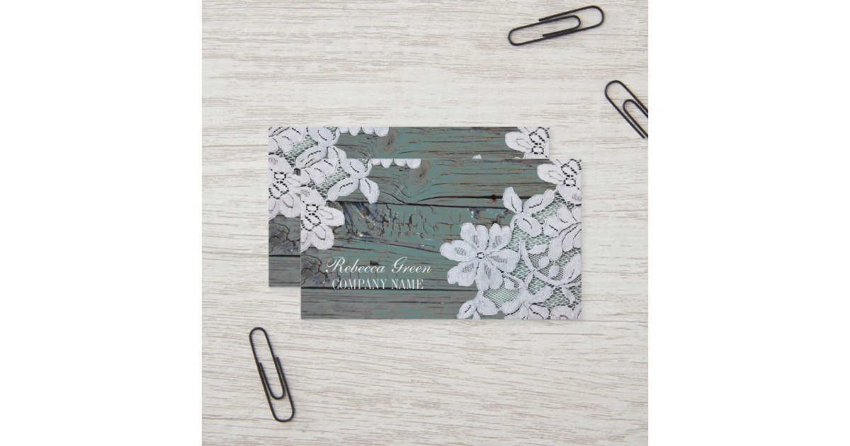 Rustic Western Country White Lace Teal Barn Wood Business Card | Zazzle