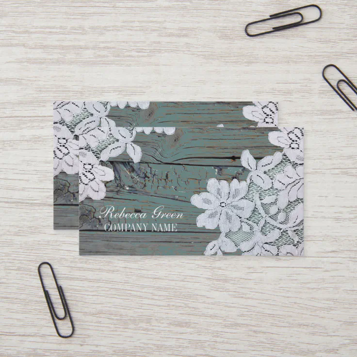 Rustic Western Country White Lace Teal Barn Wood Business Card | Zazzle