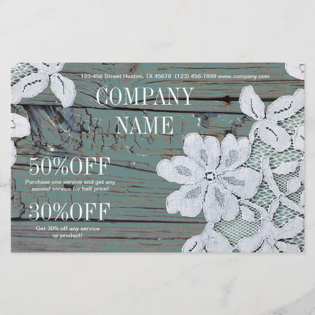 Rustic Western Country White Lace Teal Barn Wood Flyer | Zazzle
