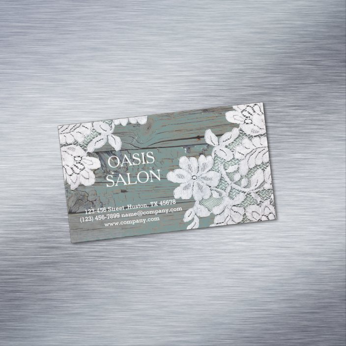 Rustic Western Country White Lace Teal Barn Wood Magnetic Business Card ...