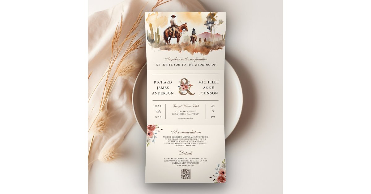 Rustic Western Cowboy All in One QR Code Wedding Tri-Fold Invitation ...