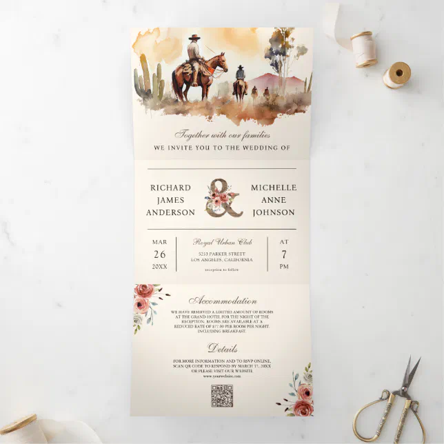 Rustic Western Cowboy All in One QR Code Wedding Tri-Fold Invitation ...