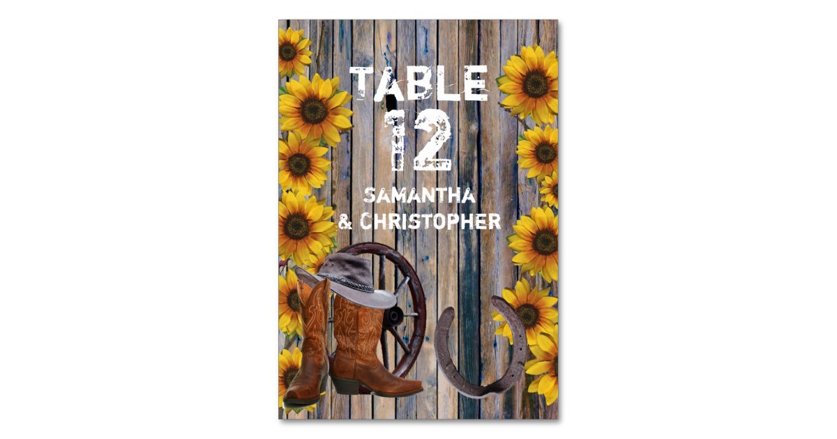 Rustic western cowboy and sunflower wedding table number | Zazzle