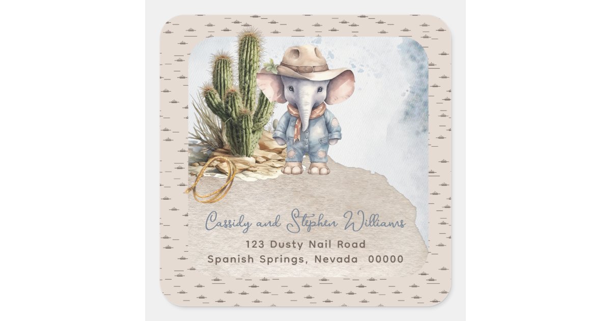 Rustic Western Elephant Cowboy Return Address Square Sticker | Zazzle