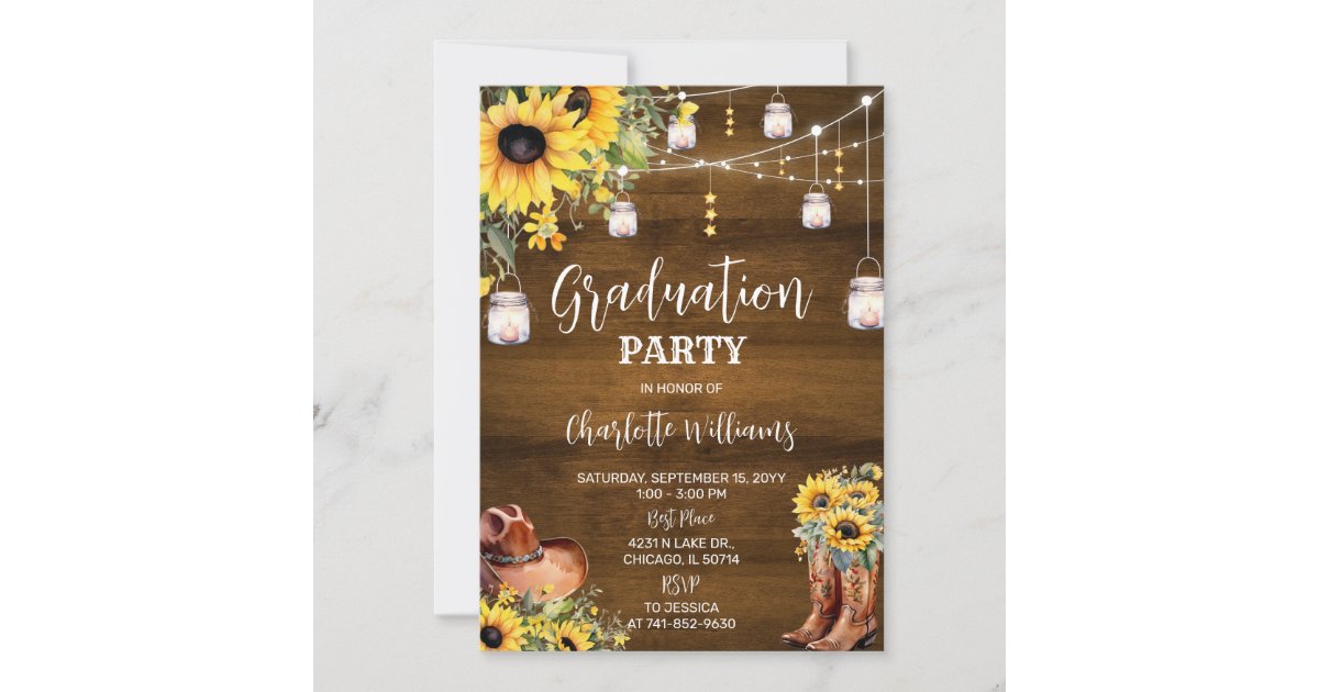 Rustic Western Graduation Party sunflowers Invitation | Zazzle