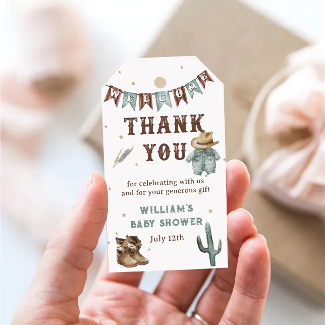 Rustic Western Little Cowboy Baby Shower Thank You Gift Tags | Zazzle