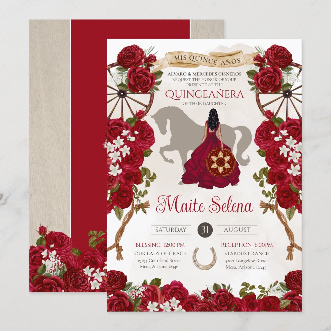 Rustic Western Red Roses Floral Charro Quinceanera Invitation | Zazzle